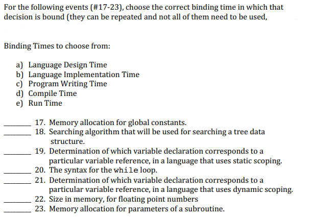 Solved For the following events (\#17-23), choose the | Chegg.com