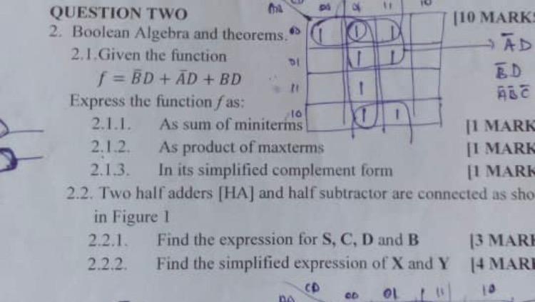 Solved AD 10 D QUESTION TWO 110 MARK 2. Boolean Algebra and | Chegg.com