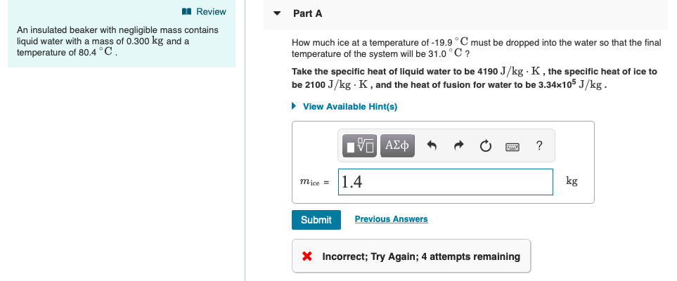 Solved Part A Review An insulated beaker with negligible | Chegg.com