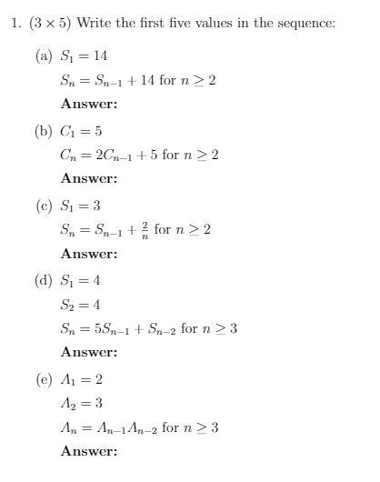 Solved 1. (3 x 5) Write the first five values in the | Chegg.com
