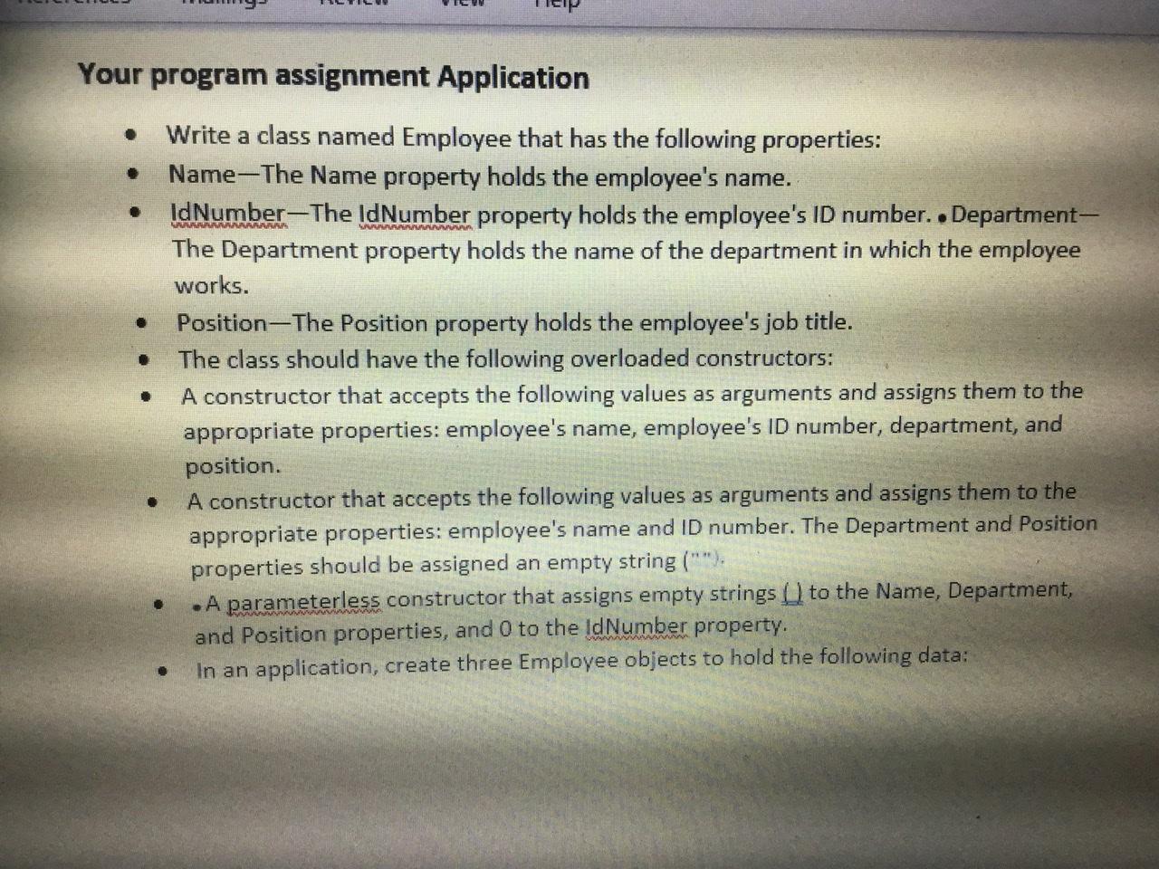 Employee Class Basic Steps in Creating your Program | Chegg.com