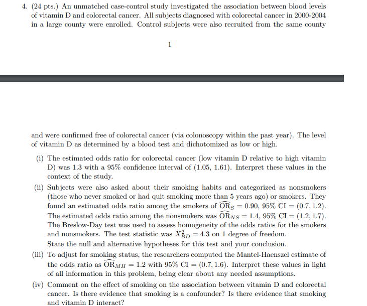 (24 pts.) An unmatched case-control study | Chegg.com