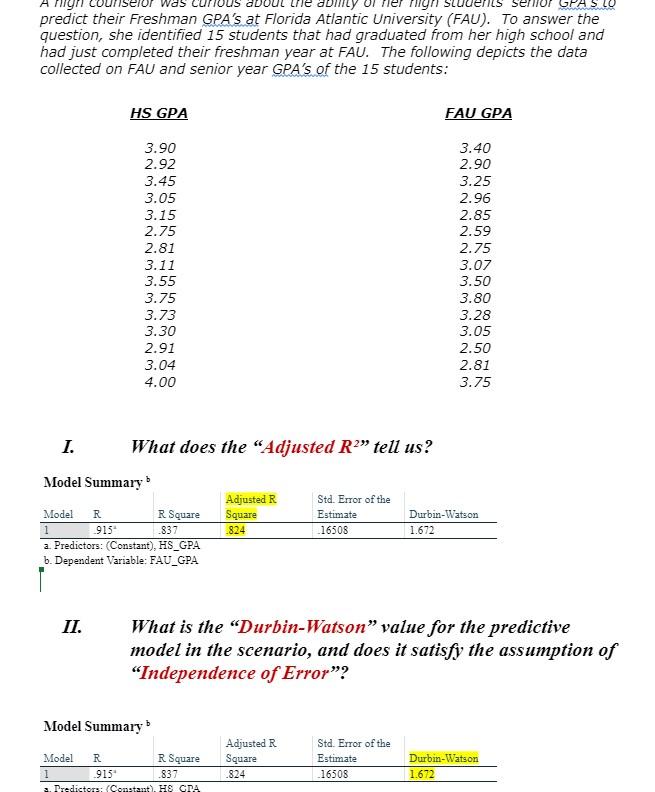 Solved predict their Freshman GPA's at Florida Atlantic | Chegg.com
