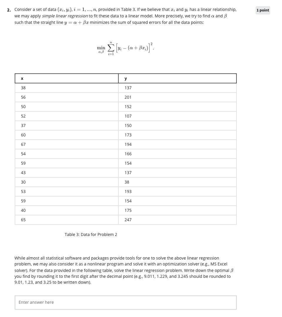 Solved 1 point 2. Consider a set of data (Xi, yi), i = 1, | Chegg.com