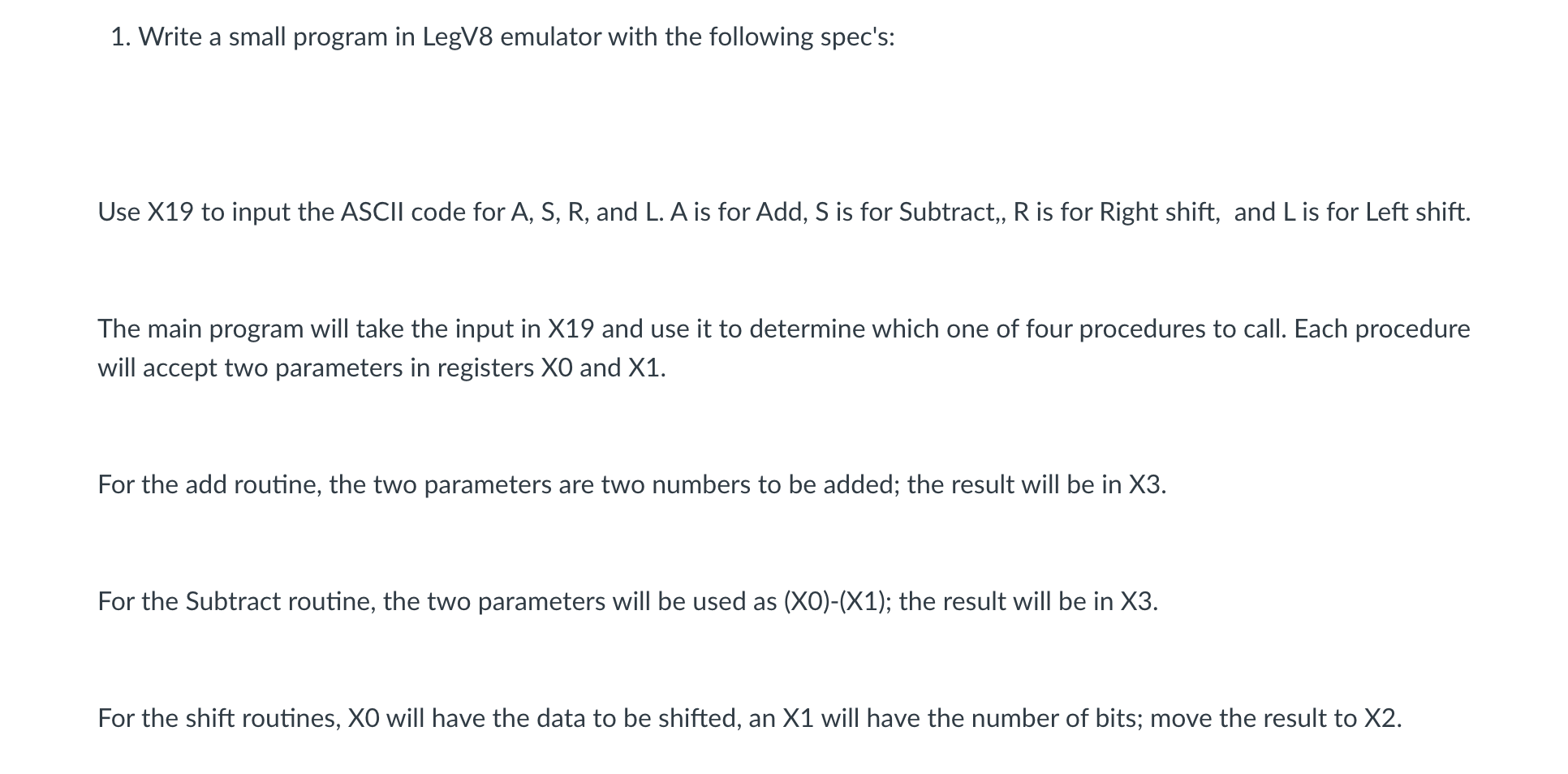 Solved 1. Write a small program in LegV8 emulator with the | Chegg.com
