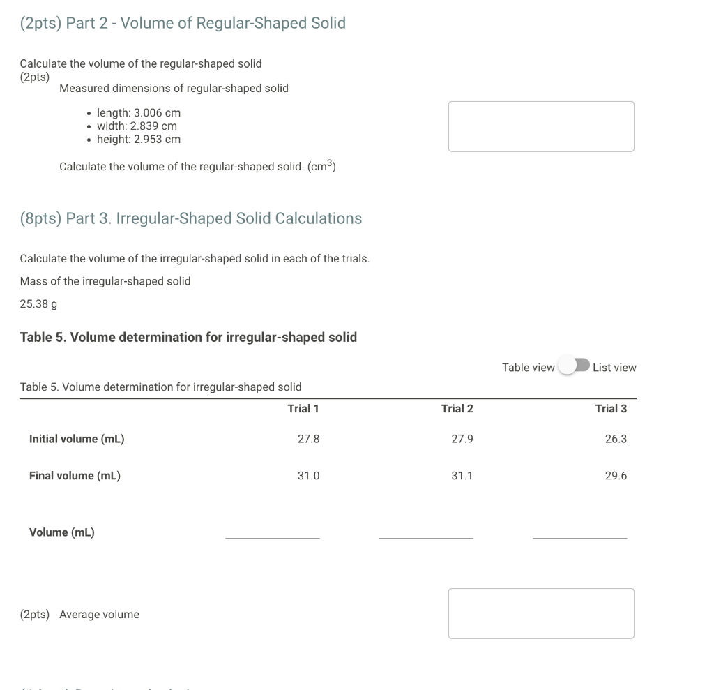 Solved Part I - Density of Unknown Liquid Table 1. Mass and | Chegg.com