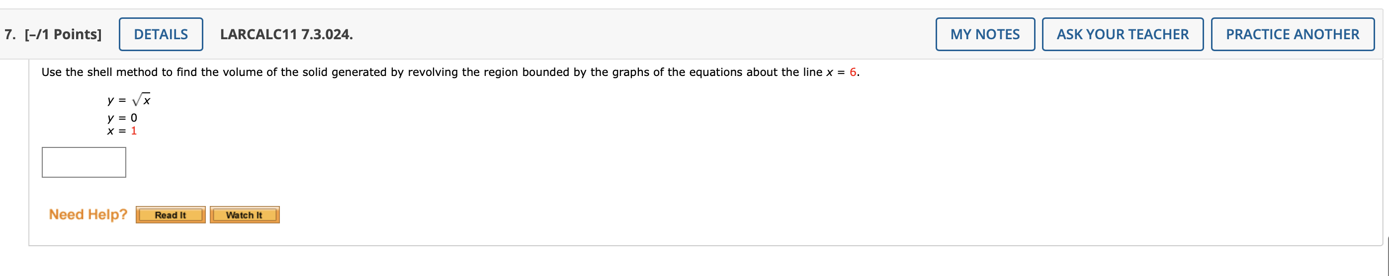 Solved LARCALC11 7.3.024. Use the shell method to find the | Chegg.com