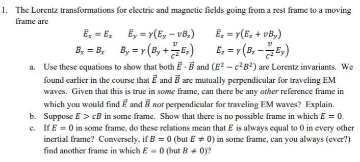 Solved 1. The Lorentz transformations for electric and | Chegg.com