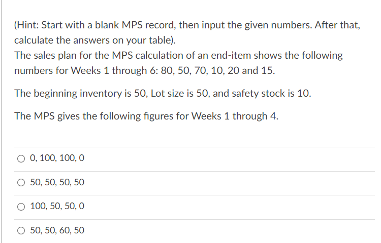 Solved (Hint: Start with a blank MPS record, then input the | Chegg.com