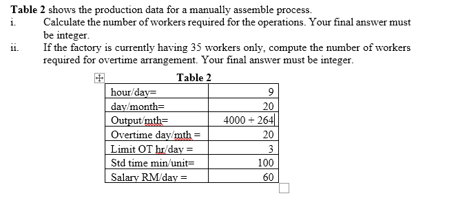 Solved Table 2 shows the production data for a manually | Chegg.com