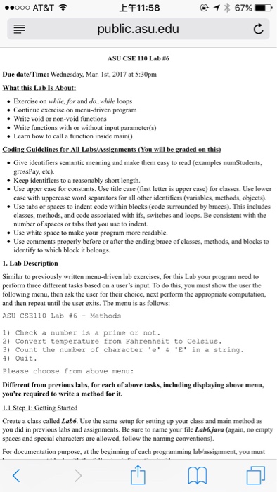 Solved F11:58 ooo AT&T 67% public asu.edu ASU CSE 110 Lab 6 | Chegg.com