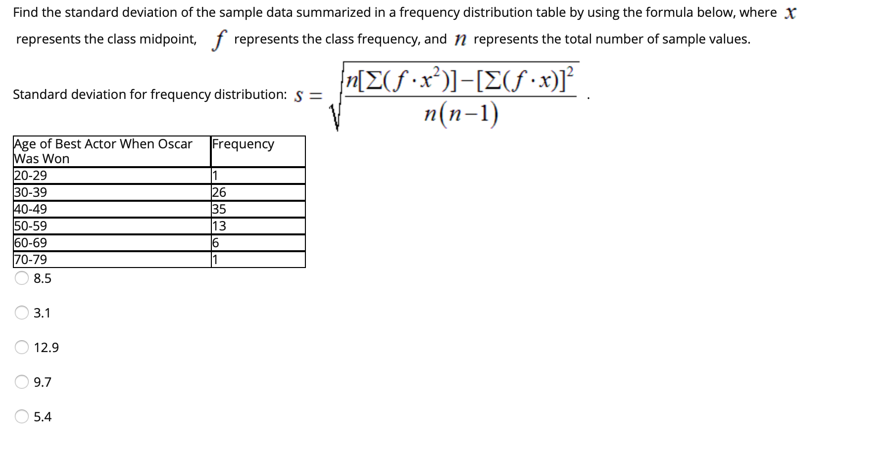 Solved Find the standard deviation of the sample data | Chegg.com