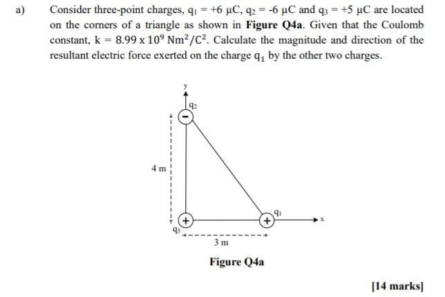 Solved a) Consider three-point charges, q1 = +6 uC, q2 = -6 | Chegg.com