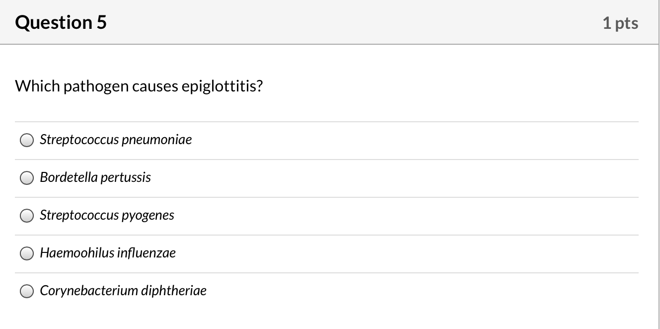Solved Question 5 1 pts Which pathogen causes epiglottitis? | Chegg.com