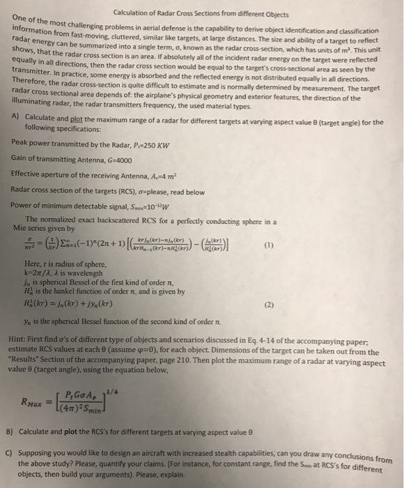 Solved Calculation of Radar Cross Sections from different | Chegg.com