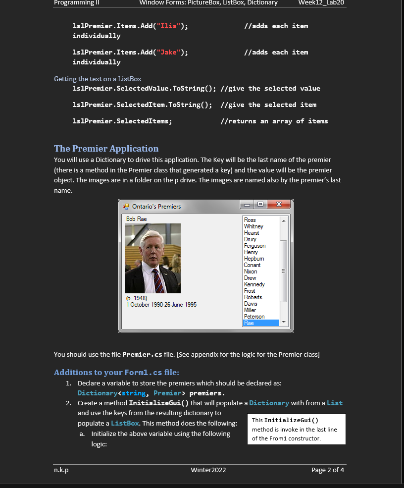 Solved Programming II Window Forms: PictureBox, ListBox, | Chegg.com