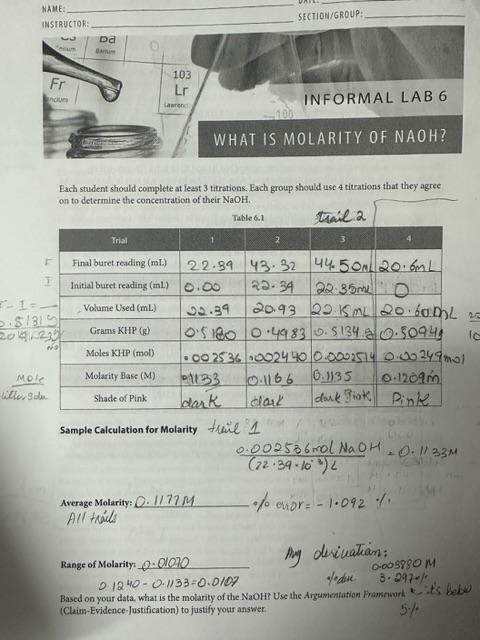 Sample Calculation for Molarity Average Molarity: | Chegg.com