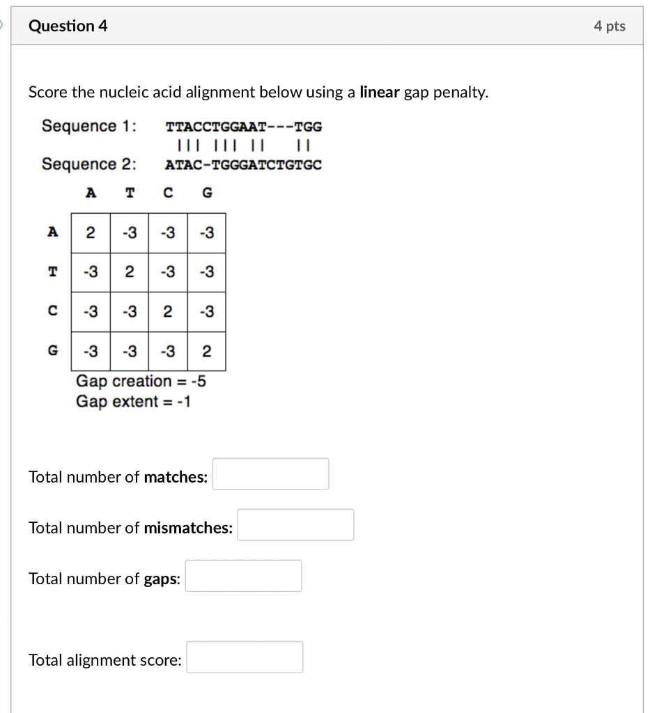 Solved Question 4 4 pts Score the nucleic acid alignment | Chegg.com