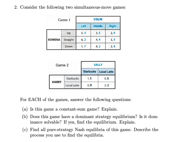 Solved 2. Consider the following two simultaneous-move | Chegg.com