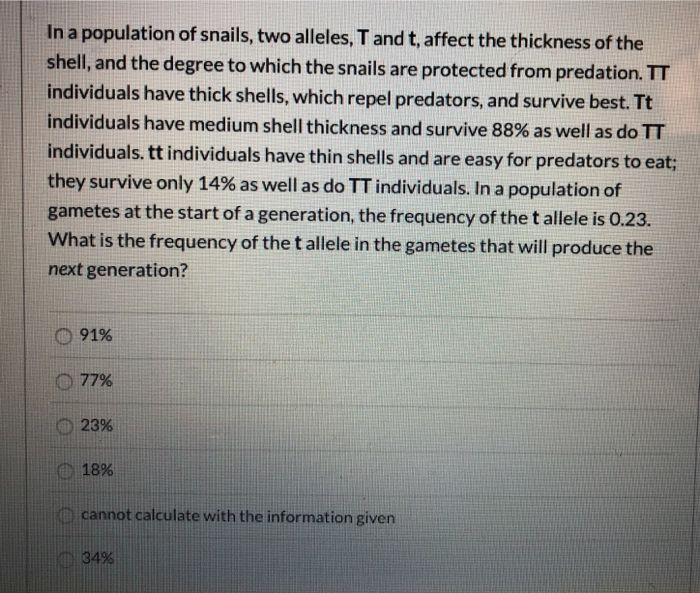 Solved In a population of snails, two alleles, T and t, | Chegg.com