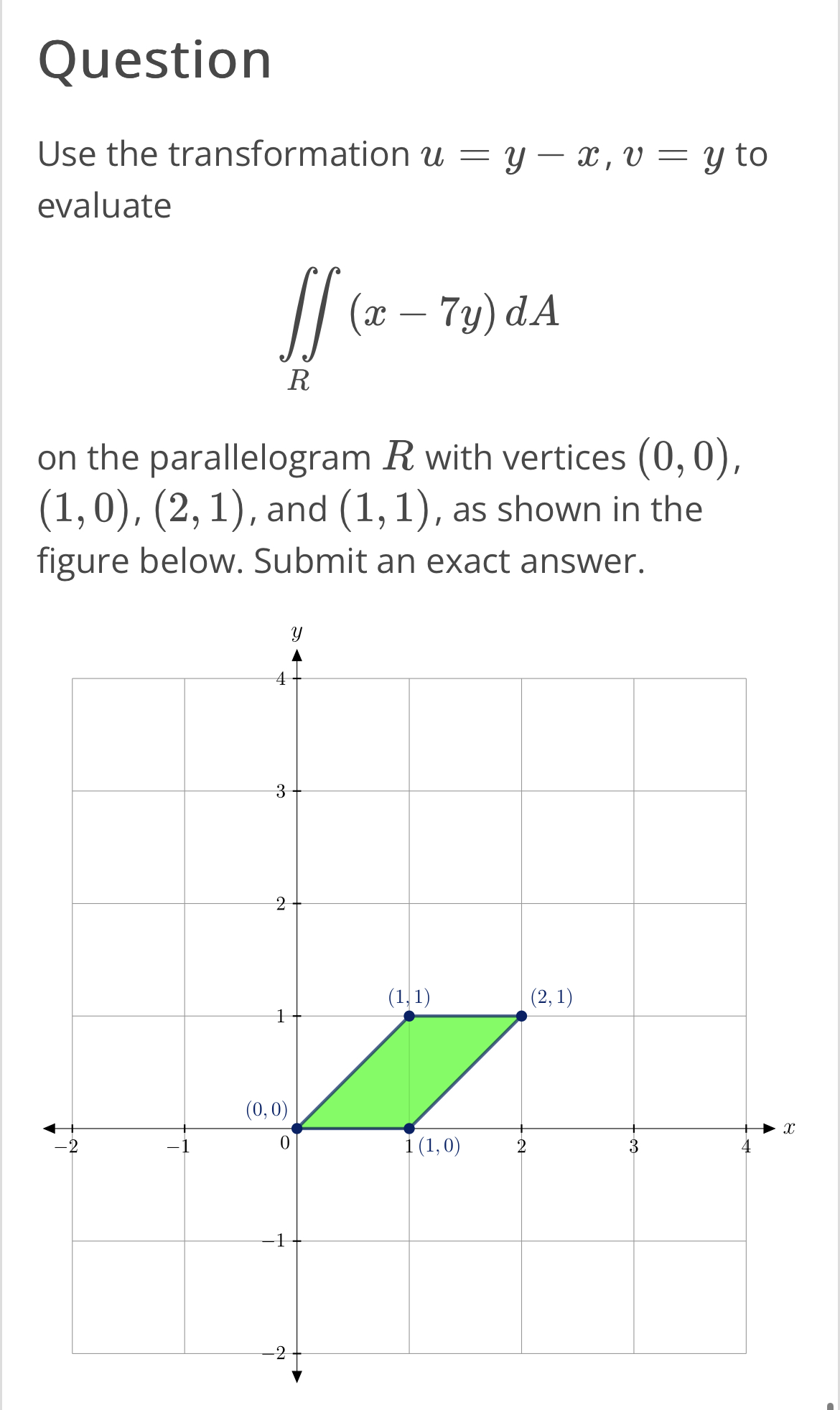 Solved Use the transformation u=y−x,v=y to evaluate | Chegg.com