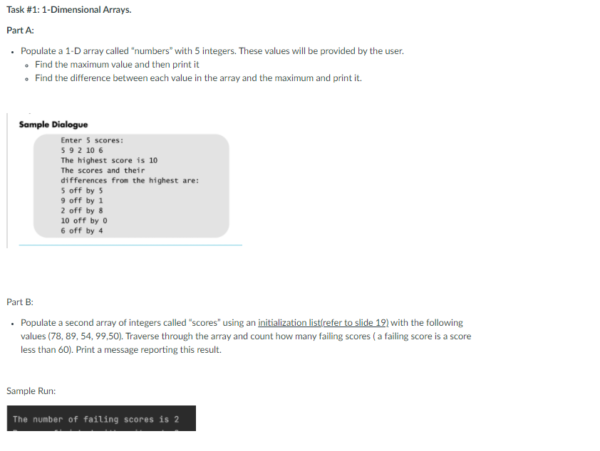 Solved Task #1: 1-Dimensional Arrays. Part A: . • Populate a | Chegg.com