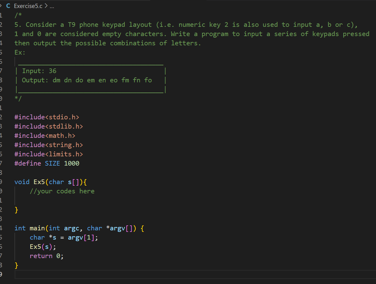 Solved > C Exercise5.c > ... 1 /* 2 5. Consider a T9 phone | Chegg.com