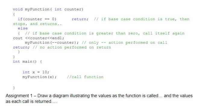Solved void myFunction( int counter) 1 if (counter -- 0) | Chegg.com