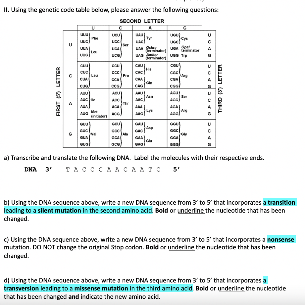 II. Using the genetic code table below, please answer | Chegg.com