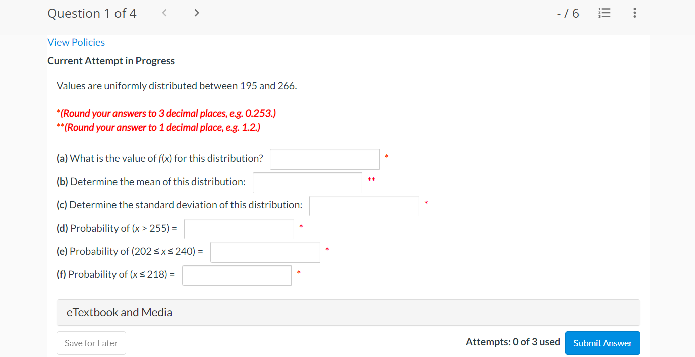 Solved Values are uniformly distributed between 195 and 266. | Chegg.com