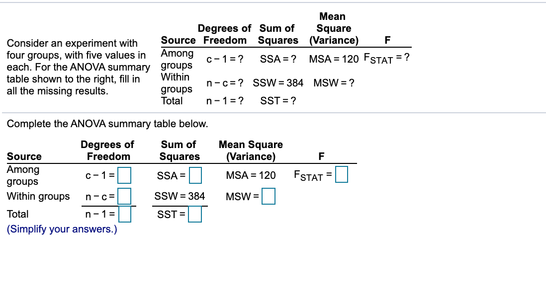 Solved Mean Degrees of Sum of Square Consider an experiment | Chegg.com