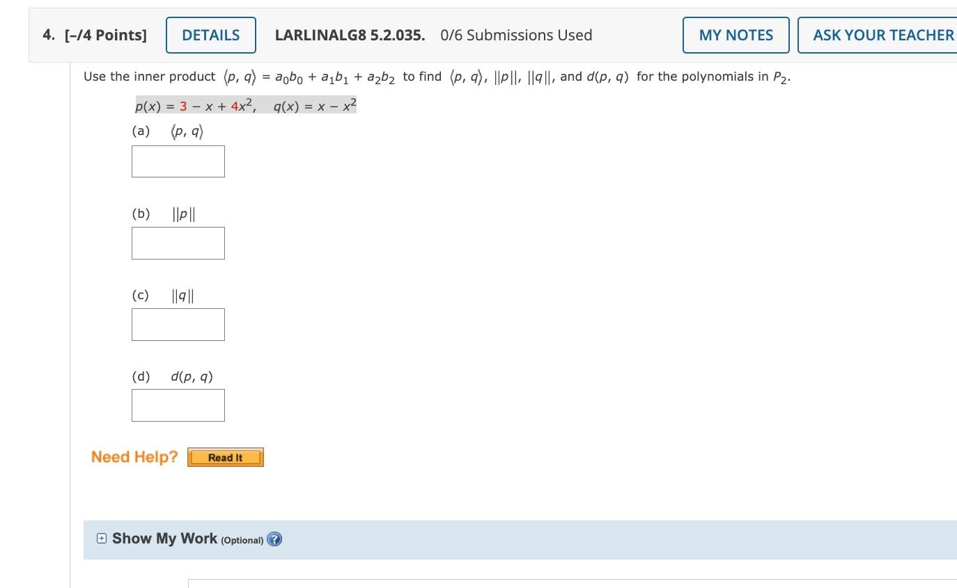 Solved Use the inner product p,q =a0b0+a1b1+a2b2 to find | Chegg.com