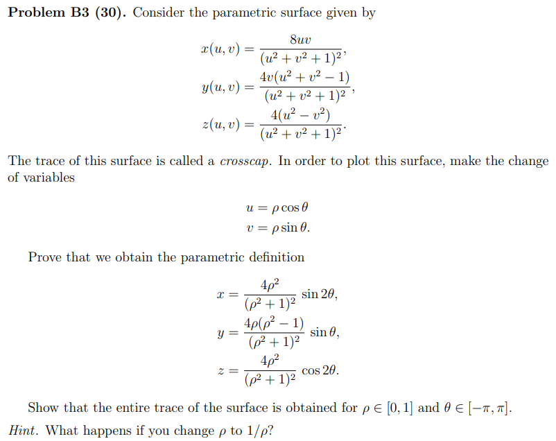 Solved Problem B3 (30). Consider the parametric surface | Chegg.com