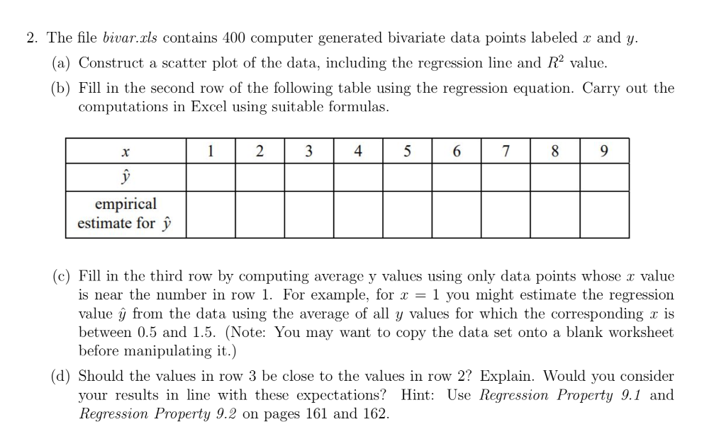2. The file bivar.xls contains 400 computer generated | Chegg.com