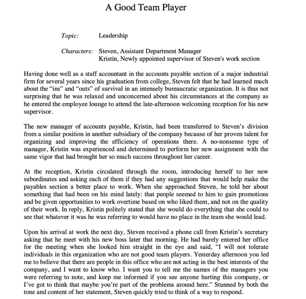 A Good Team Player Topic: Leadership Characters: | Chegg.com
