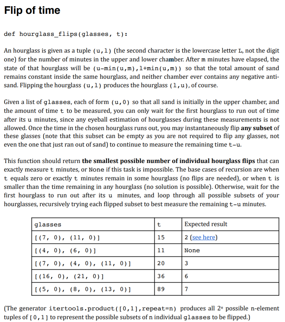 Solved Flip of time def hourglass_flips (glasses, t): An | Chegg.com