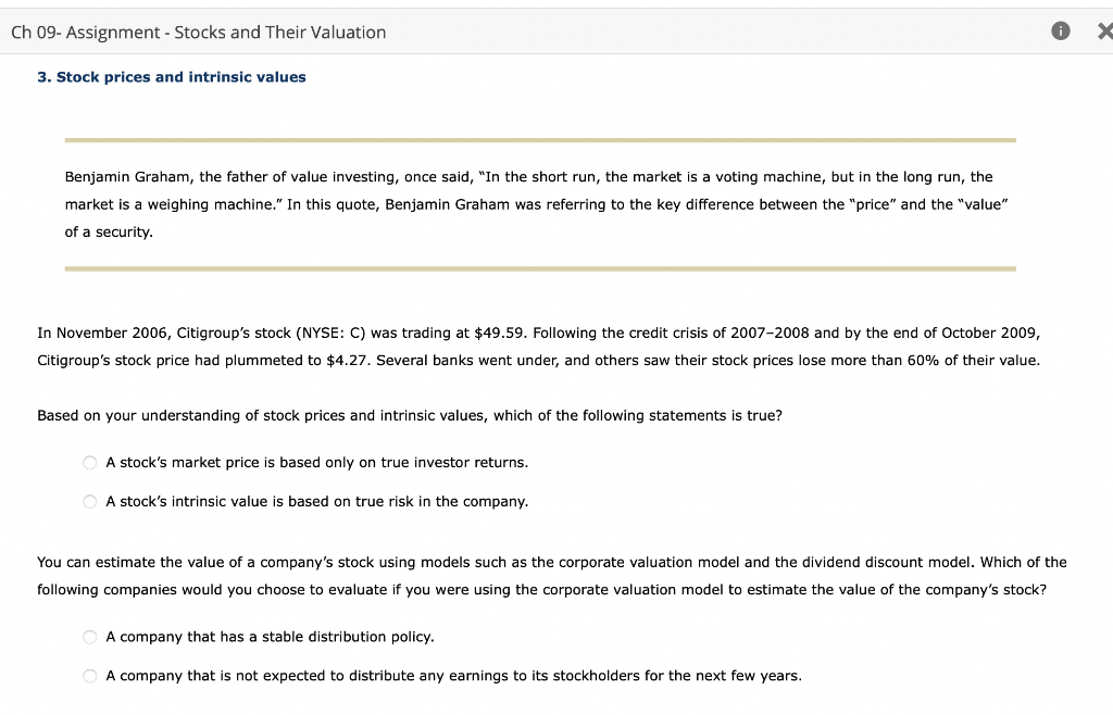 Solved Ch 09- Assignment - Stocks and Their Valuation 3. | Chegg.com