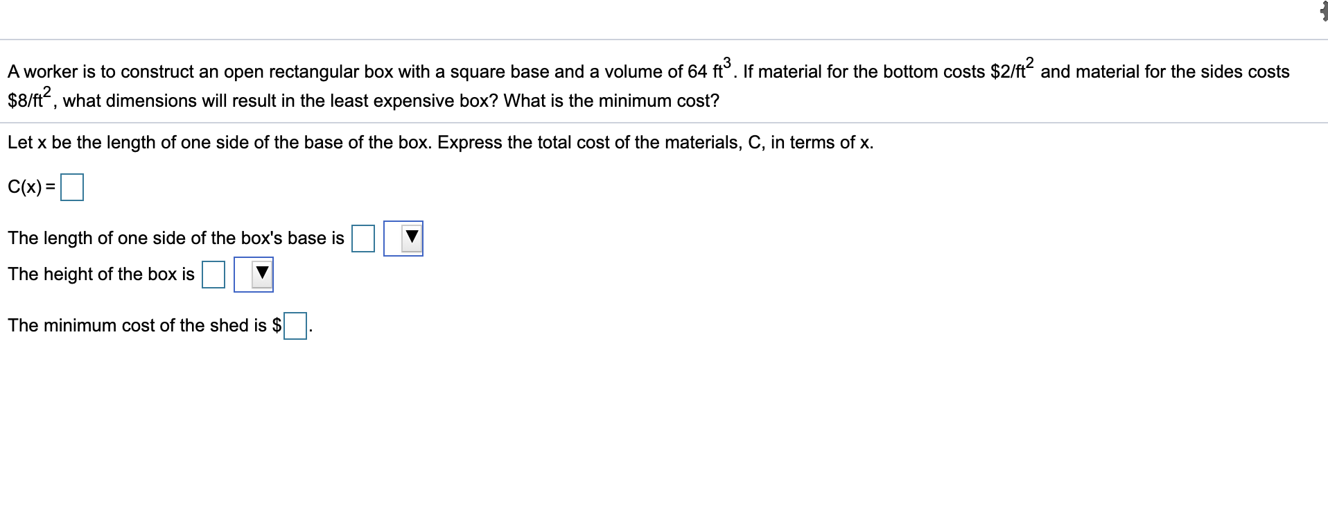 Solved A worker is to construct an open rectangular box with | Chegg.com