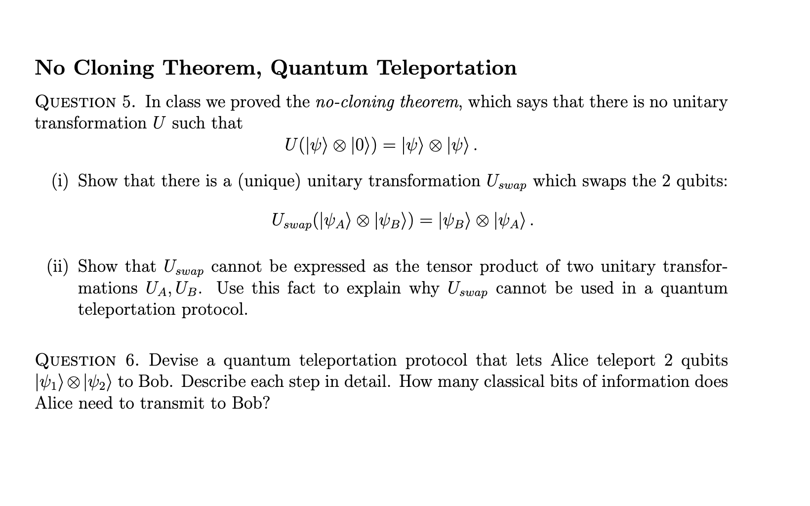 Solved No Cloning Theorem, Quantum Teleportation QuESTION 5. | Chegg.com