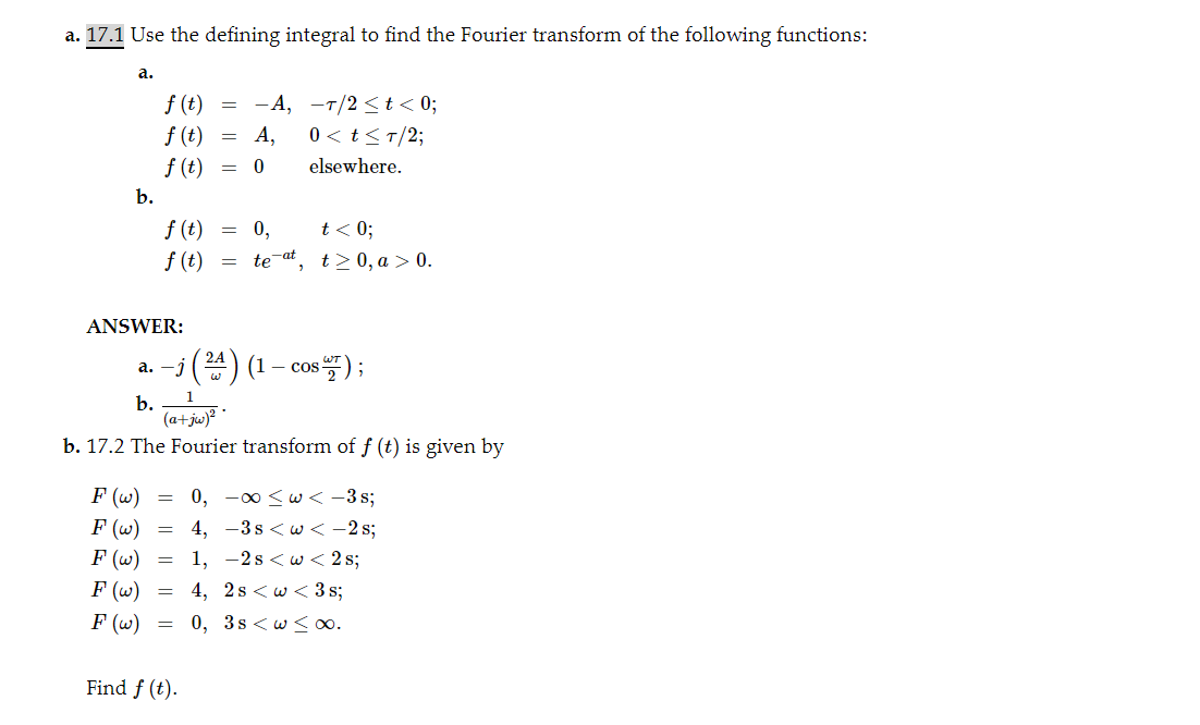 Solved a. 17.1 Use the defining integral to find the Fourier | Chegg.com