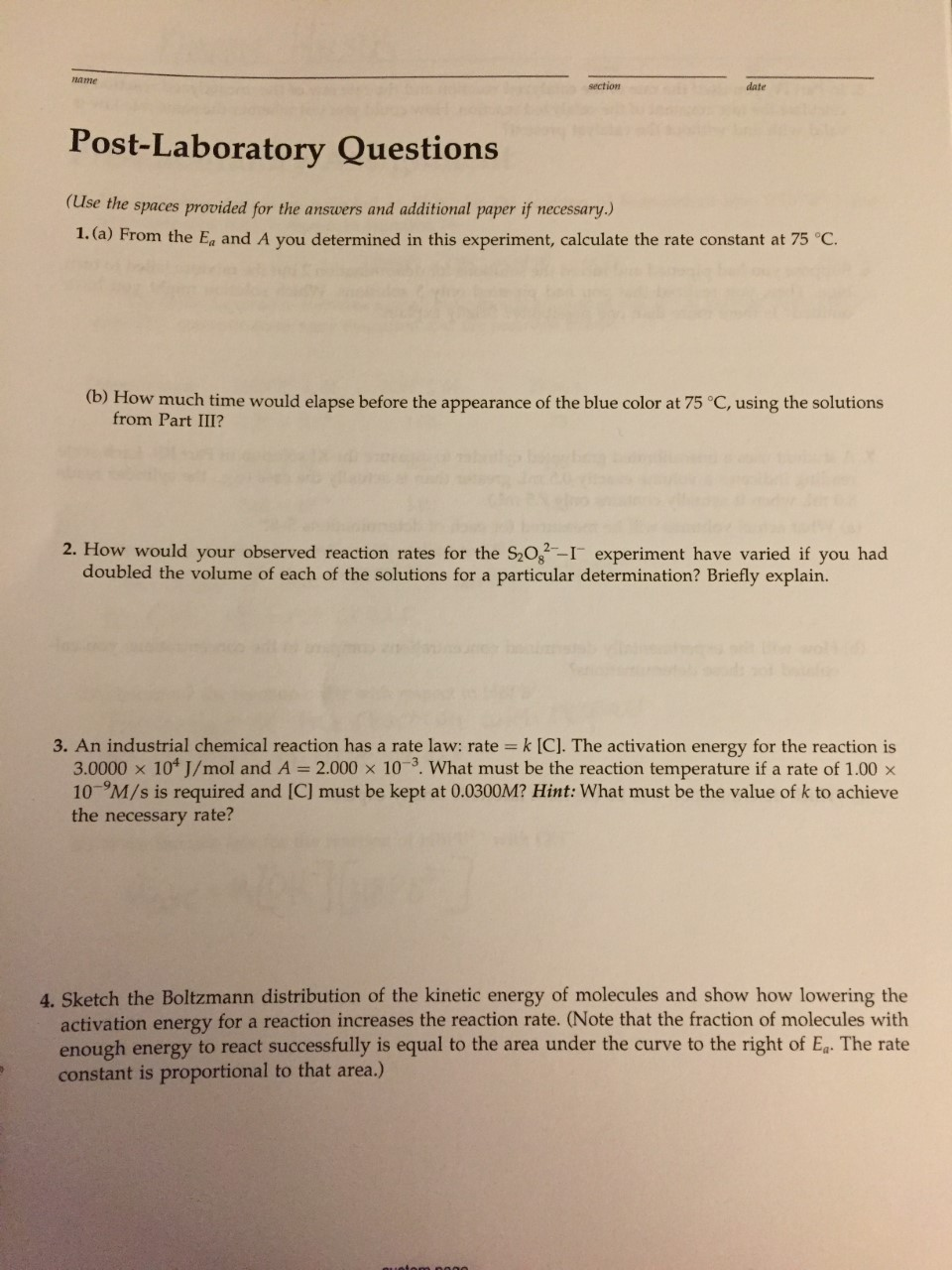 Solved name section date Post-Laboratory Questions (Use the | Chegg.com