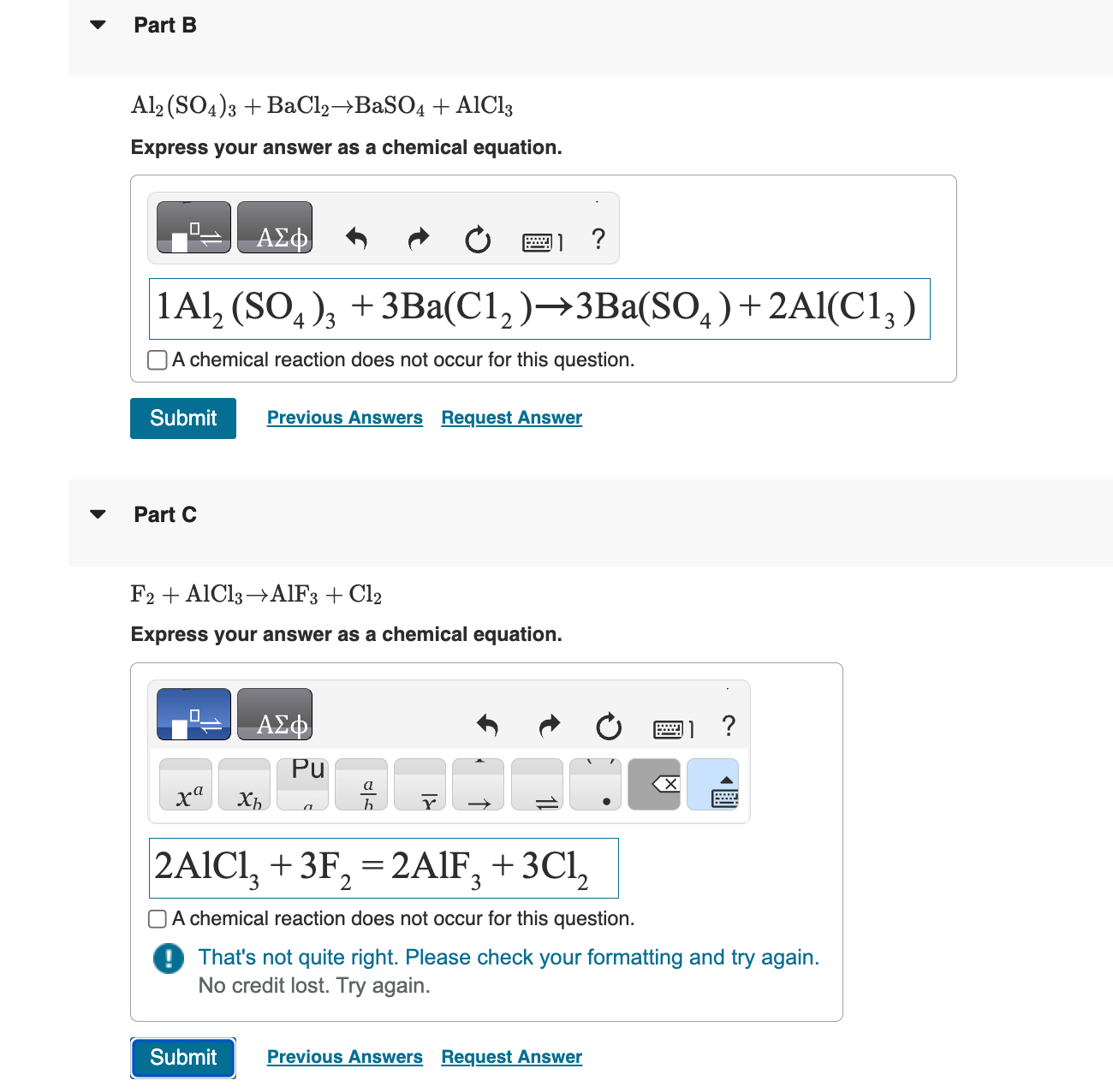 Solved Part BAl2(SO4)3+BaCl2→BaSO4+AlCl3Express your answer | Chegg.com