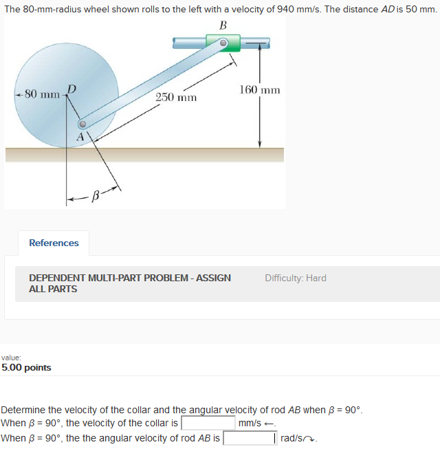 Solved The 80-mm-radius wheel shown rolls to the left with a | Chegg.com
