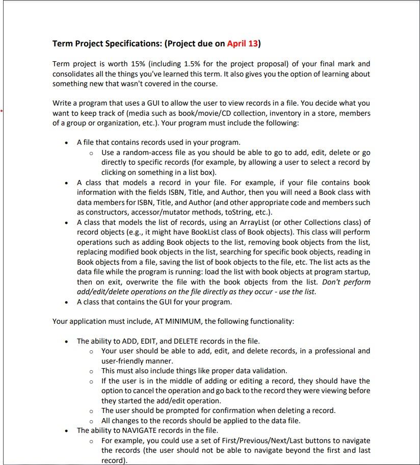 Solved Term Project Specifications: (Project due on April | Chegg.com