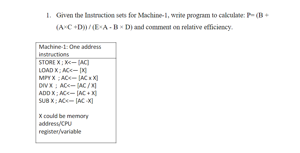 Solved 1. Given the Instruction sets for Machine-1, write | Chegg.com