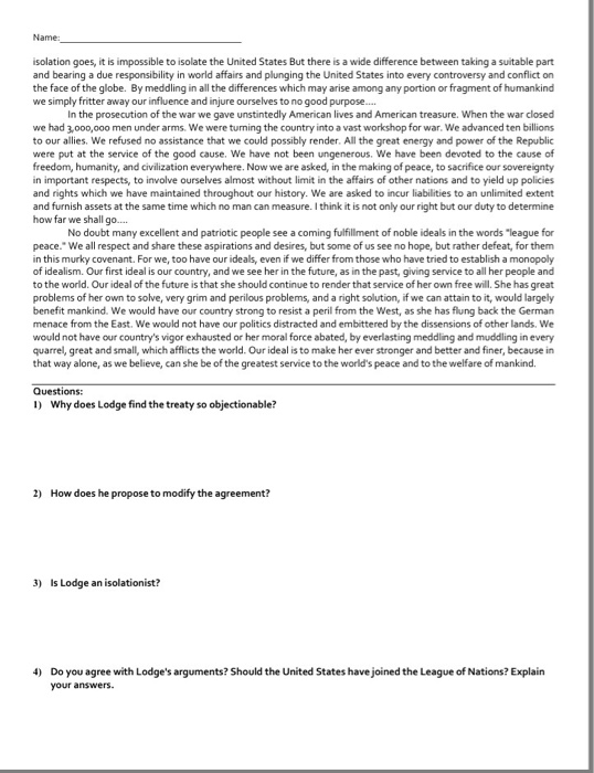 Solved Name: HENRY CABOT LoDGE OPPOSESTHELEAGUE OR NATIONS | Chegg.com