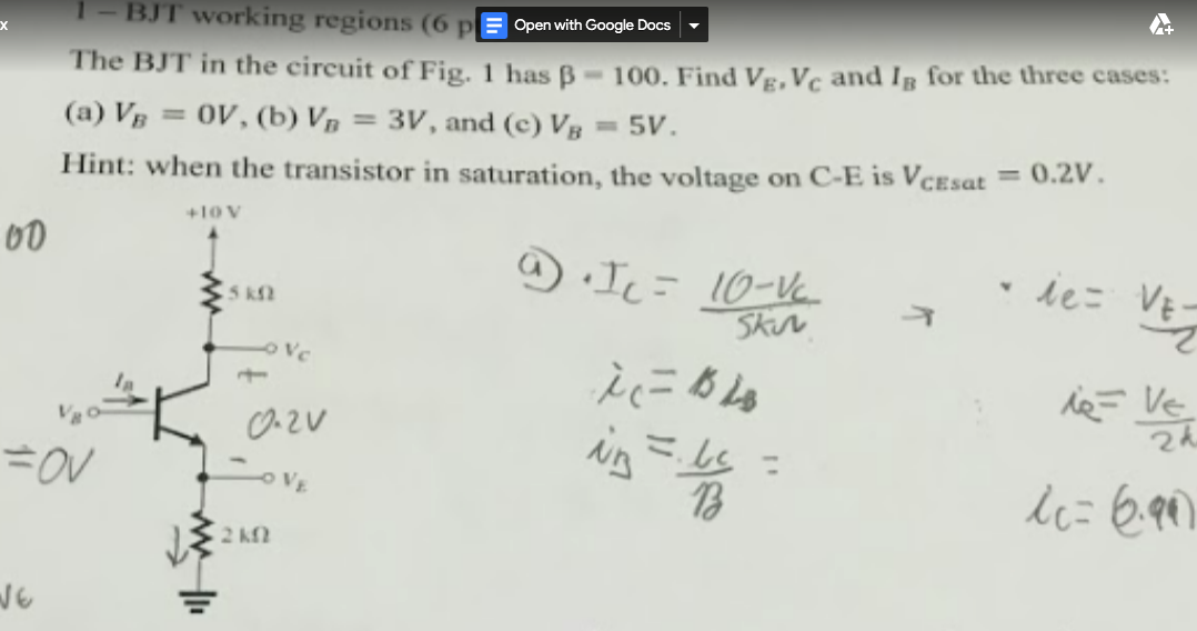 Solved 1 - BJT working regions (6 p E Open with Google Docs | Chegg.com