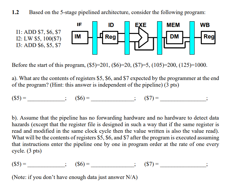 Solved 1.2 ﻿Based on the 5-stage pipelined architecture, | Chegg.com