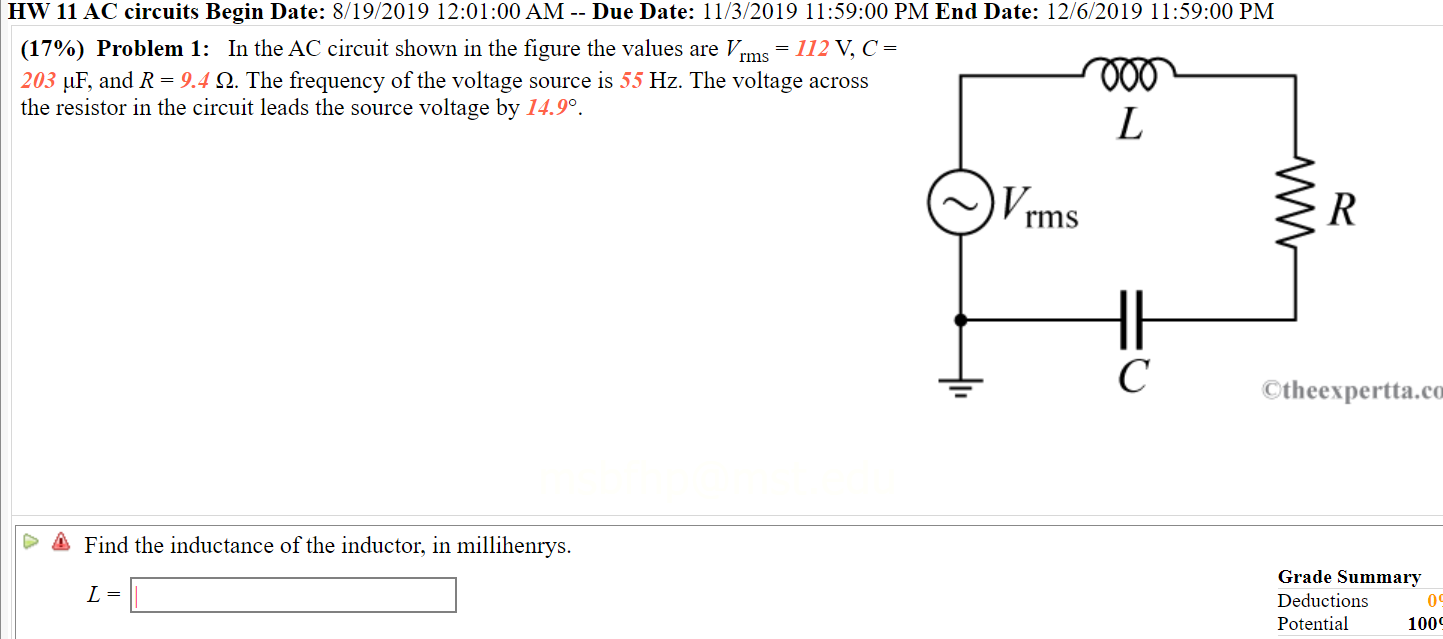 Solved HW 11 AC circuits Begin Date: 8/19/2019 12:01:00 AM | Chegg.com