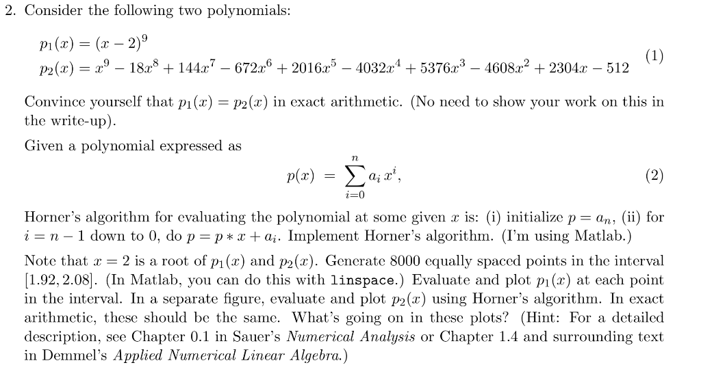 Solved 2. Consider the following two polynomials: pi(x) = (x | Chegg.com